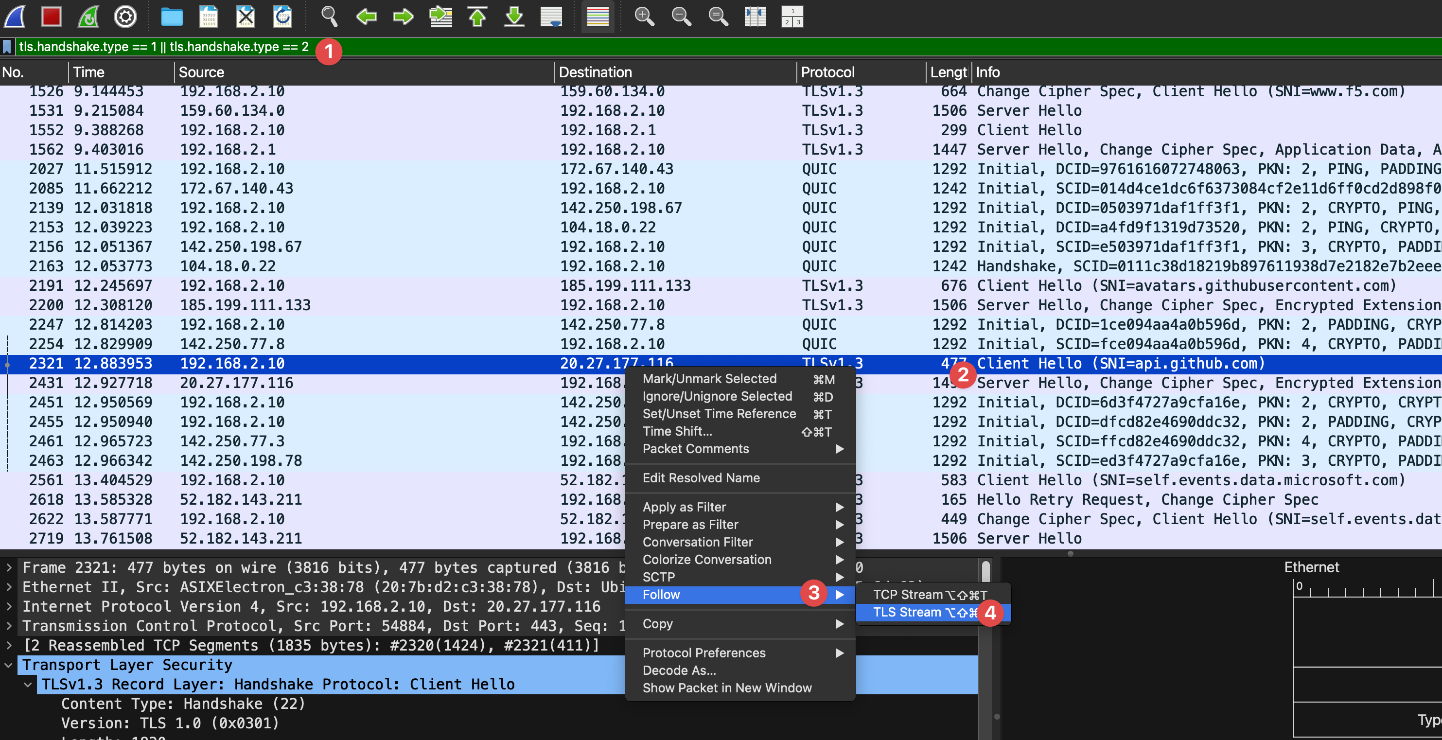 Analyzing TLS encrypted traffic through SSLKEYLOGFILE